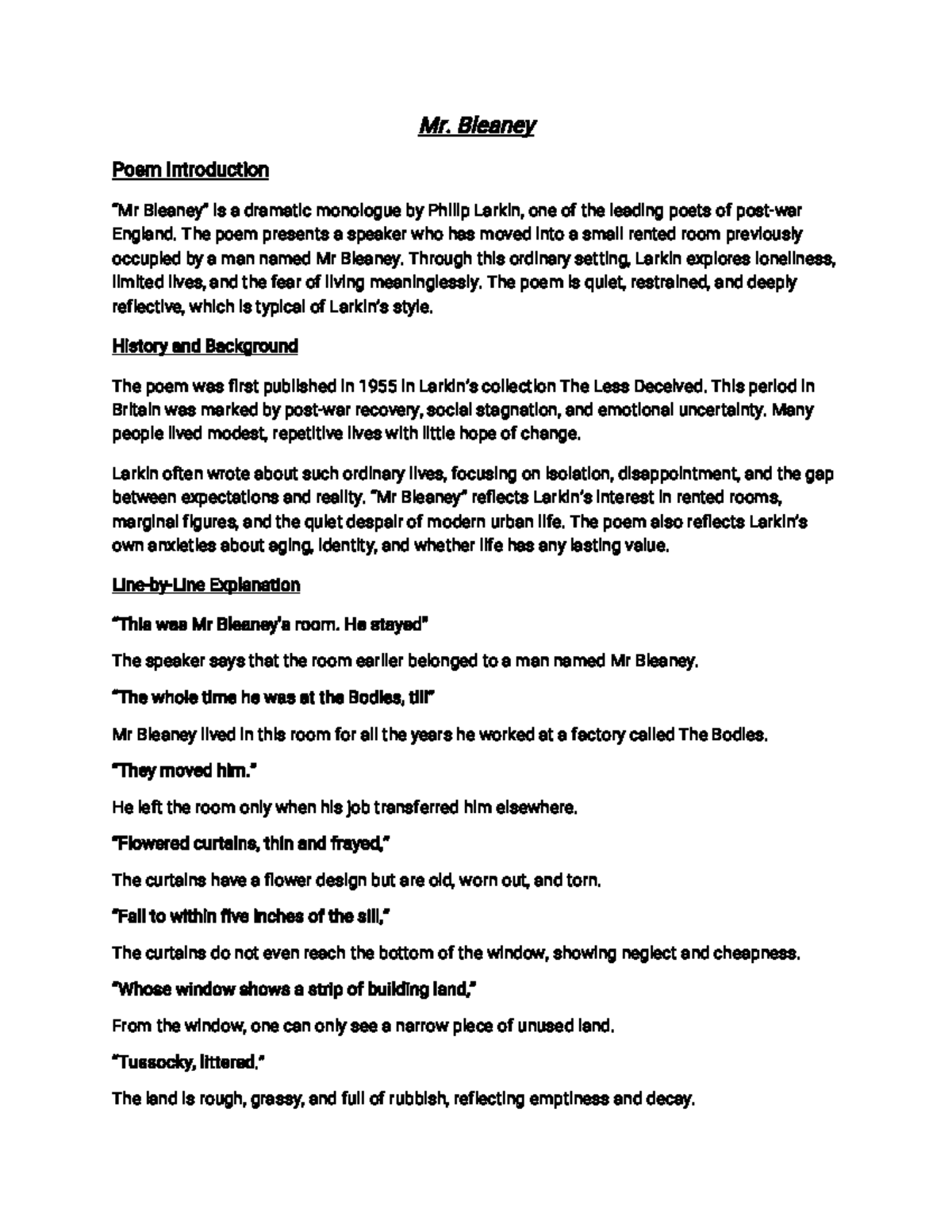Mr. Bleaney Poem Analysis: Themes of Loneliness & Identity - Studocu