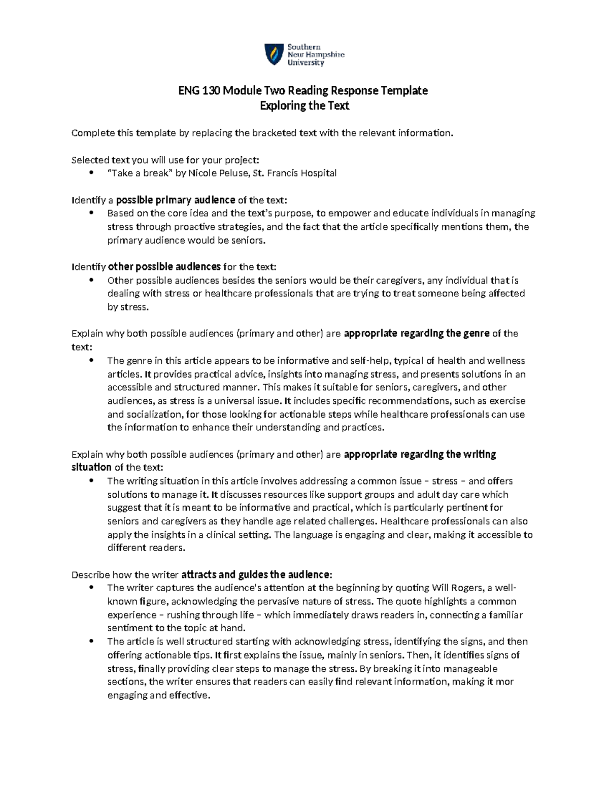 ENG 130 Module Two Reading Response: Analyzing Stress Management Text ...