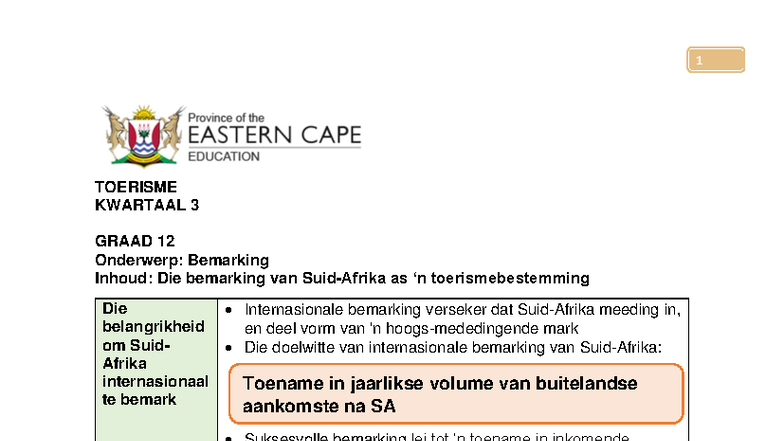 Toerisme Bemarking Notas Gr 12 Kwartaal 3: Bemarking van SA - Studocu