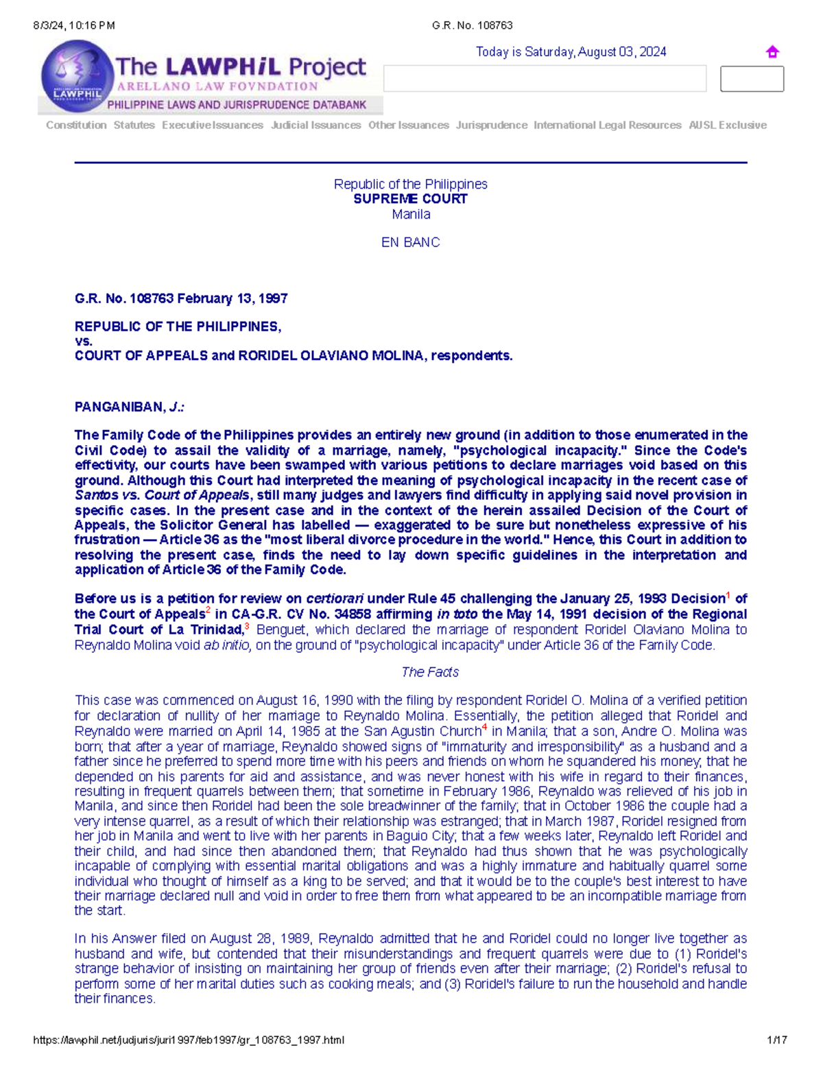 G.R. No. 108763: Psychological Incapacity in Marriage Annulment Case ...