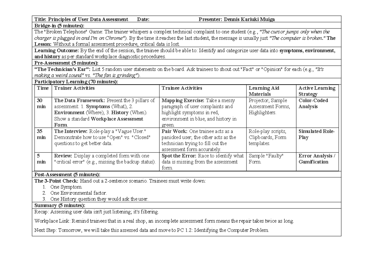 Title: PC 1.1: Principles of User Data Assessment and Diagnosis - Studocu