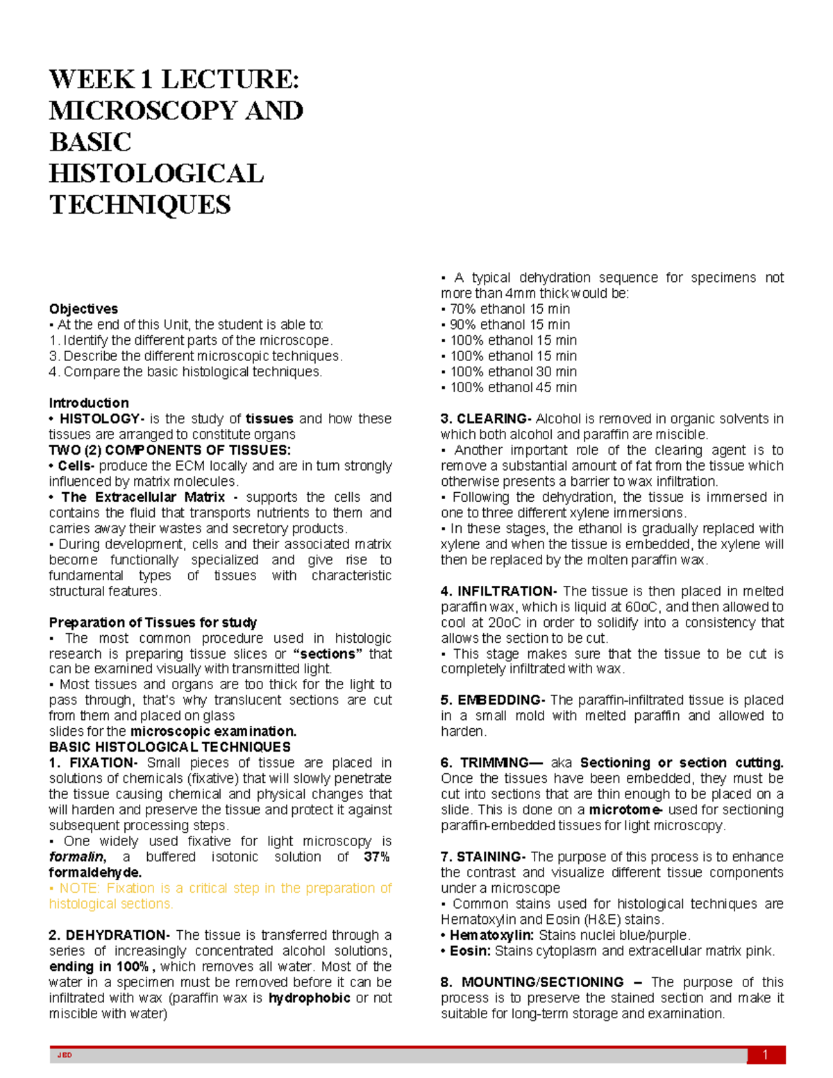 Histo microscopy - JBD 1 WEEK 1 LECTURE: MICROSCOPY AND BASIC ...