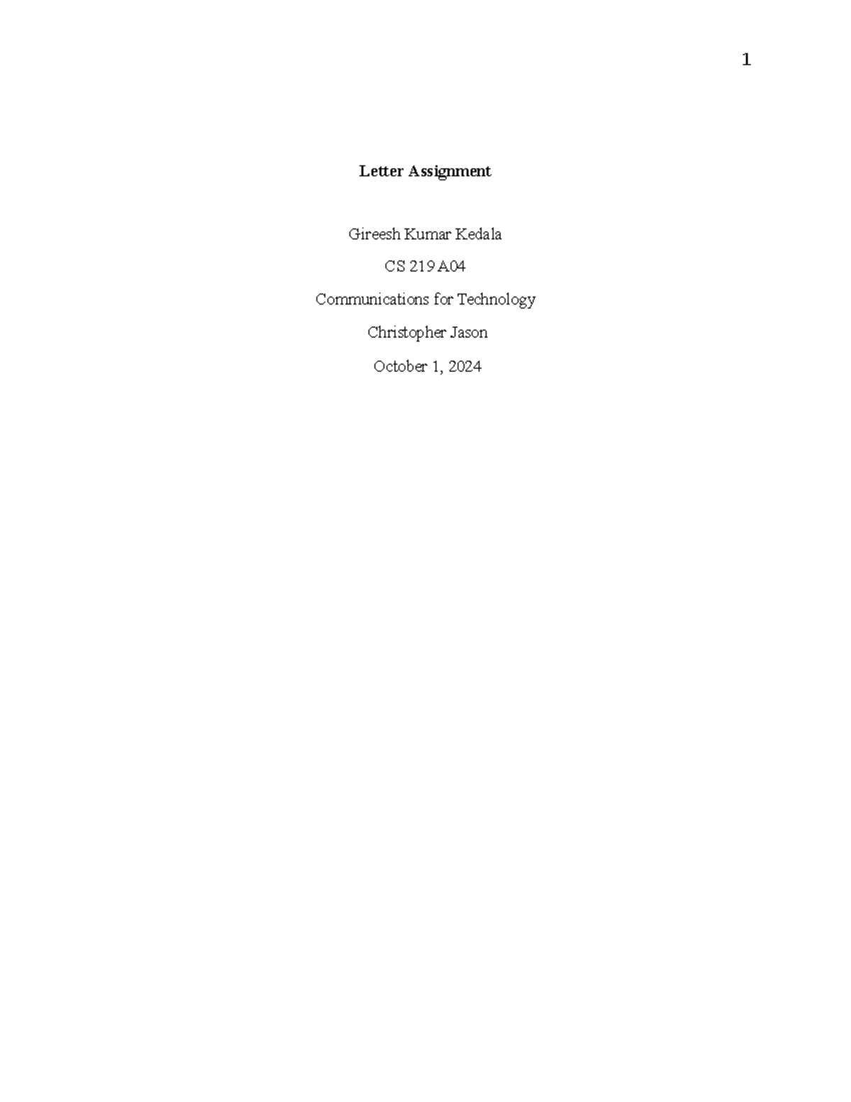 CS 219 A Letter Assignment: Communications for Technology - Studocu