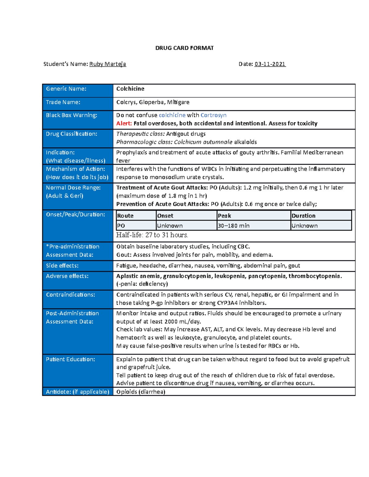 Colchicine Drug Card: Key Information and Patient Guidelines - Studocu