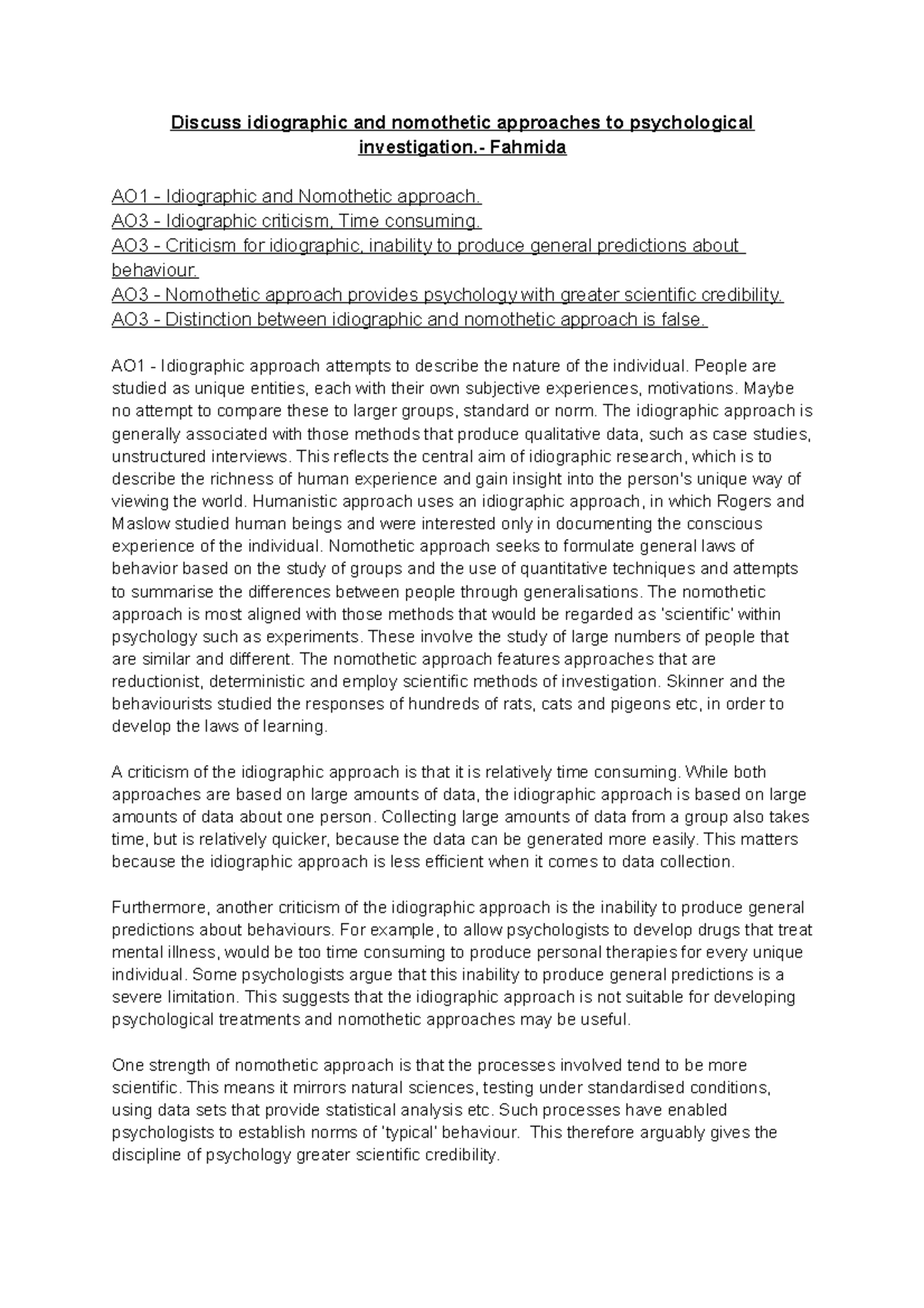 Psychology Essay: Idiographic vs. Nomothetic Approaches Analysis - Studocu