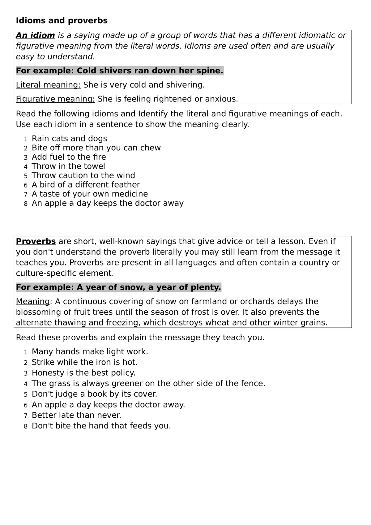 Idioms and Proverbs Worksheet (with Answers) for Language Learning ...