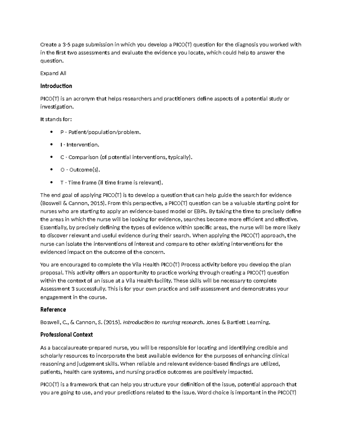 PICO(T) Question Development and Evidence Evaluation for Nursing 4030 ...