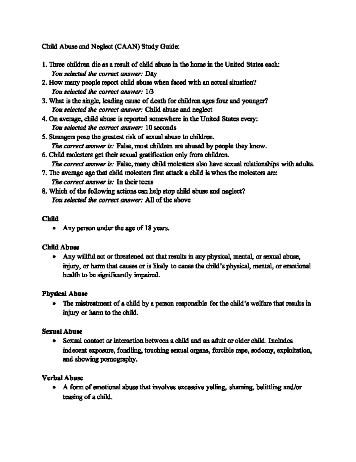 CAAN Study Guide: Understanding Child Abuse and Neglect - Studocu