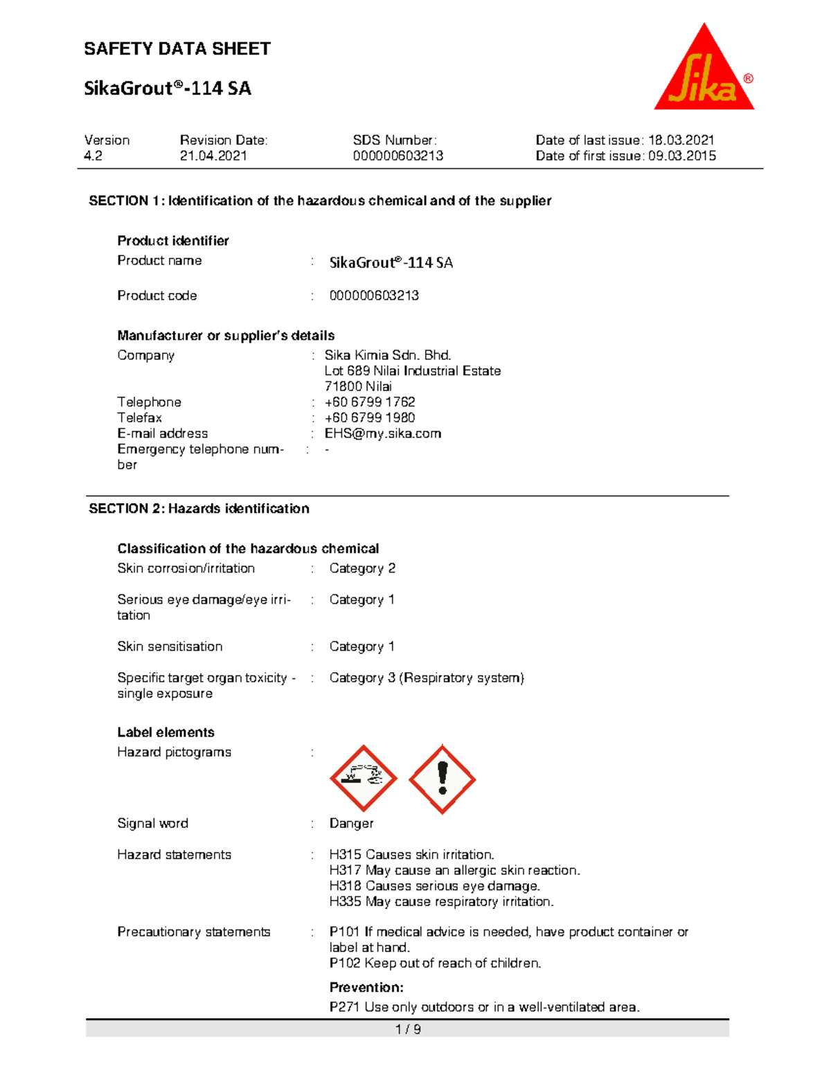 SDS for Sika Grout-114 (SA) - Version 4.2, Revision Date: 21.04.2021 ...