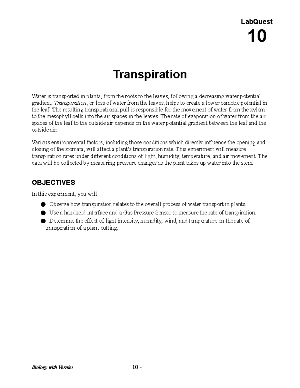 Biology 10: Transpiration Lab Experiment and Data Analysis - Studocu