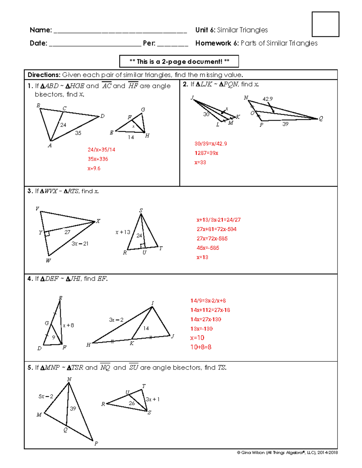 Unit 6: Parts of Similar Triangles CW - Problem Set by Simeon Dugas ...