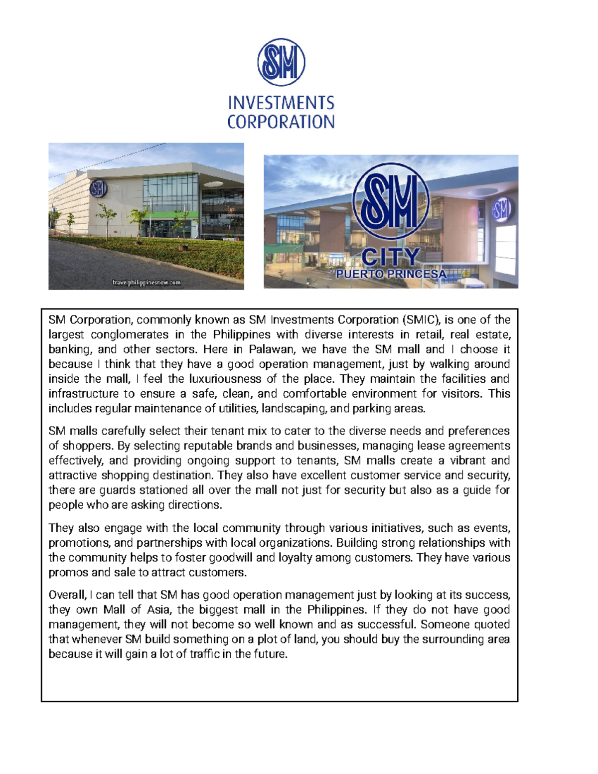 OM 101: Analysis of SM Investments Corp's Operational Management - Studocu