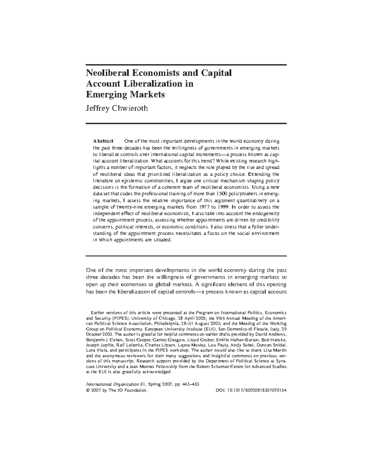 Neoliberal Economists and Capital Account Liberalization in EMs: A ...