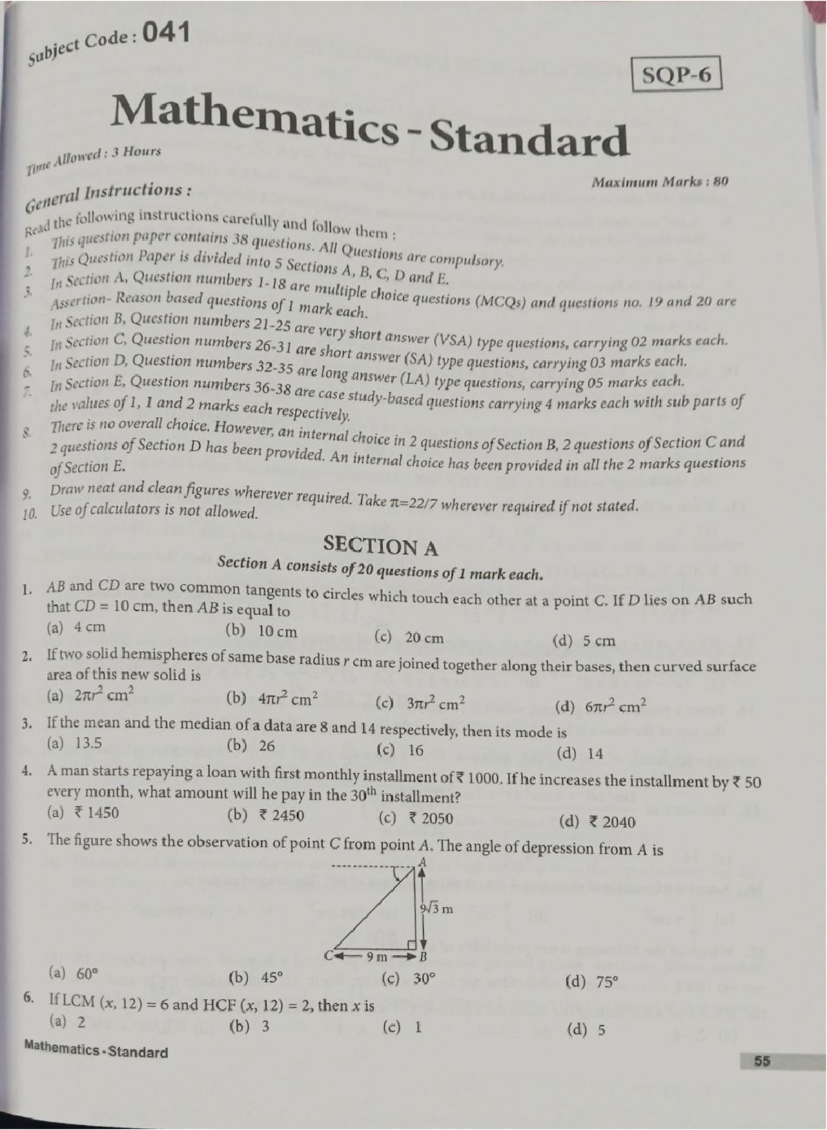 Mathematics Standard Class 10 Exam Paper - 3 Hours, 80 Marks - Studocu