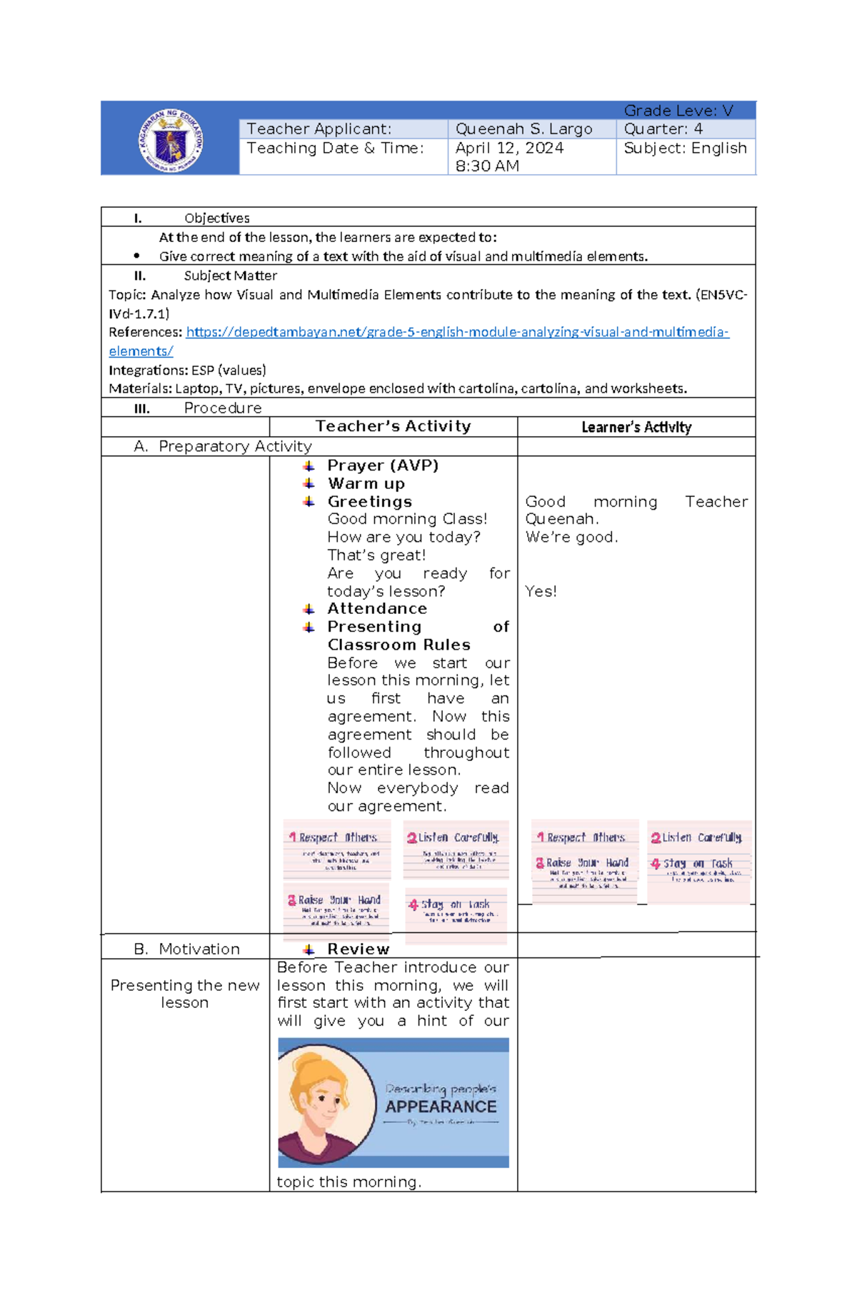 English 5 Lesson Plan: Visual & Multimedia Elements in Text - Studocu