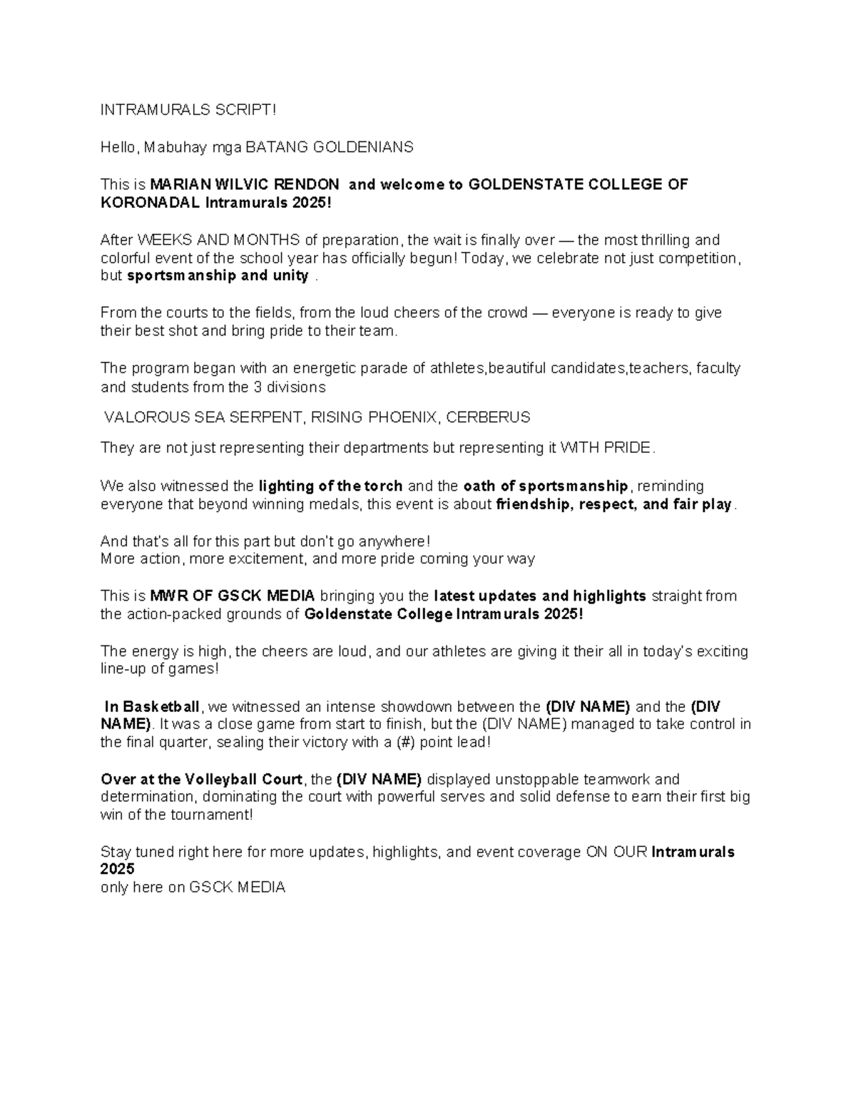 Intramurals 2025 Script - Goldenstate College Highlights - Studocu