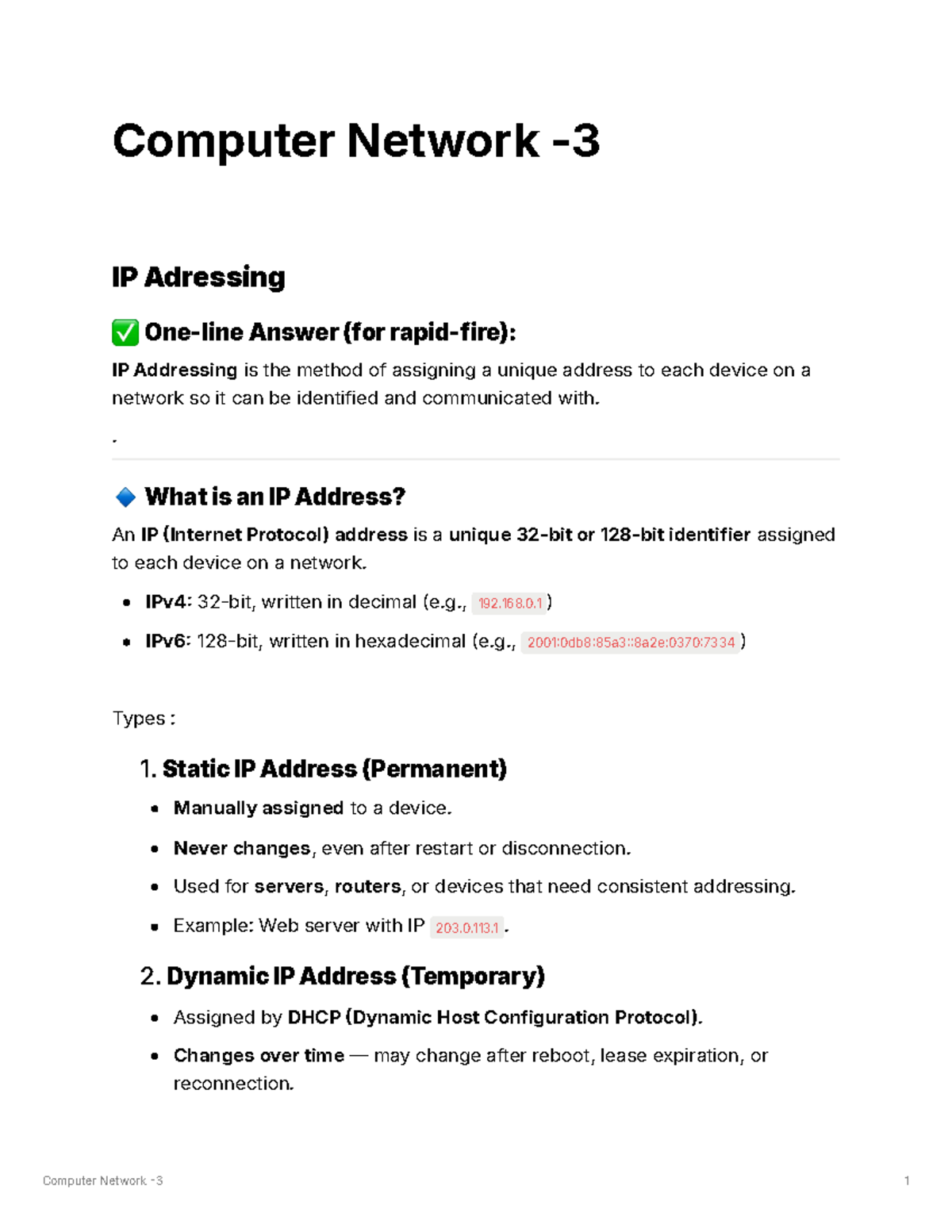 CN-3 Lecture Notes: Understanding IP Addressing and Routing - Studocu