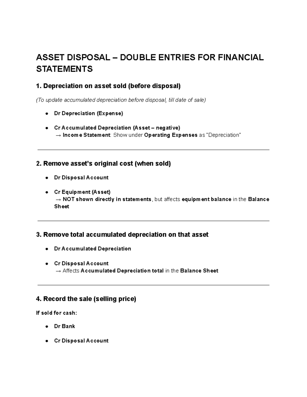 ASSET DISPOSAL DOUBLE ENTRIES FOR FINANCIAL STATEMENTS - Studocu