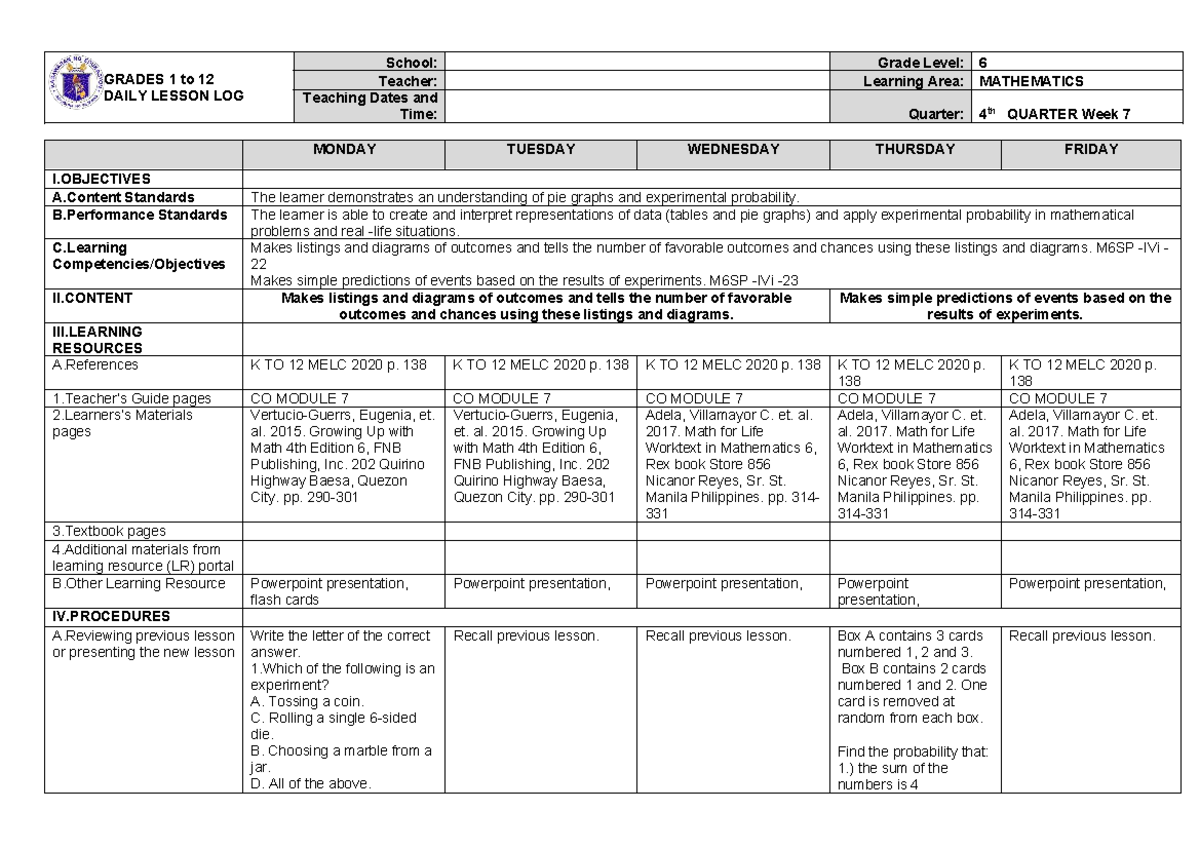 DLL G6 - Mathematics Daily Lesson Log for Quarter 4, Week 7 - Studocu