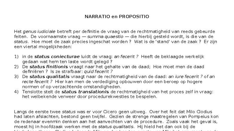 CICERO's NARRATIO en PROPOSITIO: De Zaak van Milo en Clodius - Studocu