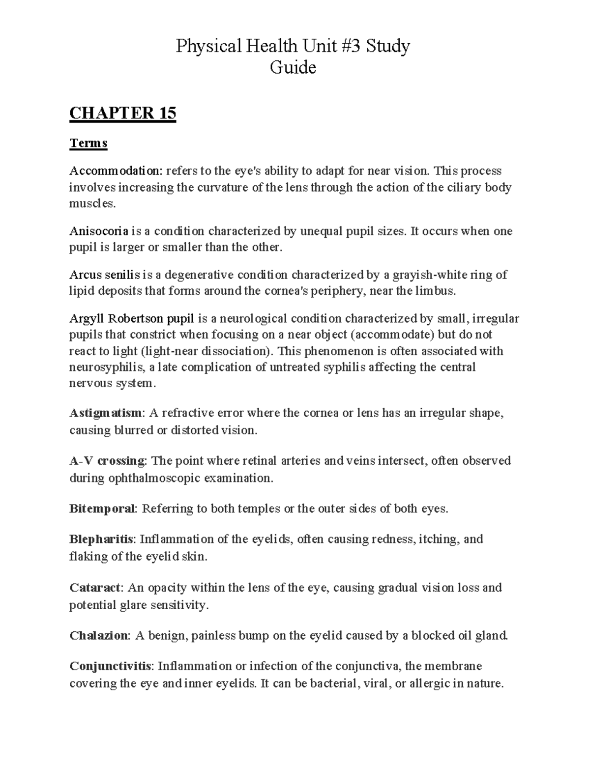 Physical Health Unit Study Guide: Chapter 15 Key Terms and Concepts ...