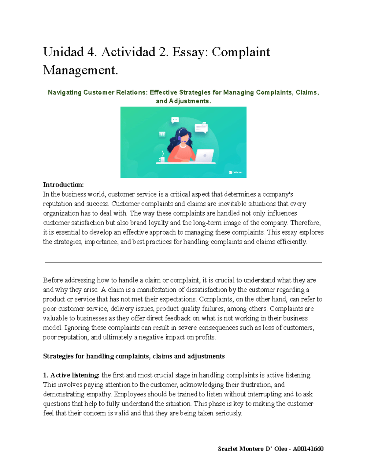 Montero-Scarlet-Unit 4 Essay: Strategies for Complaint Management - Studocu