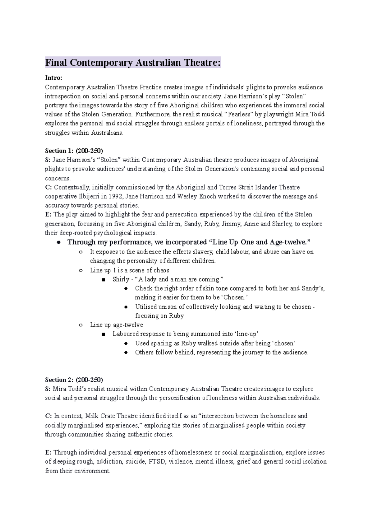 Final Essay Plans: Exploring Contemporary Australian Theatre Practices ...