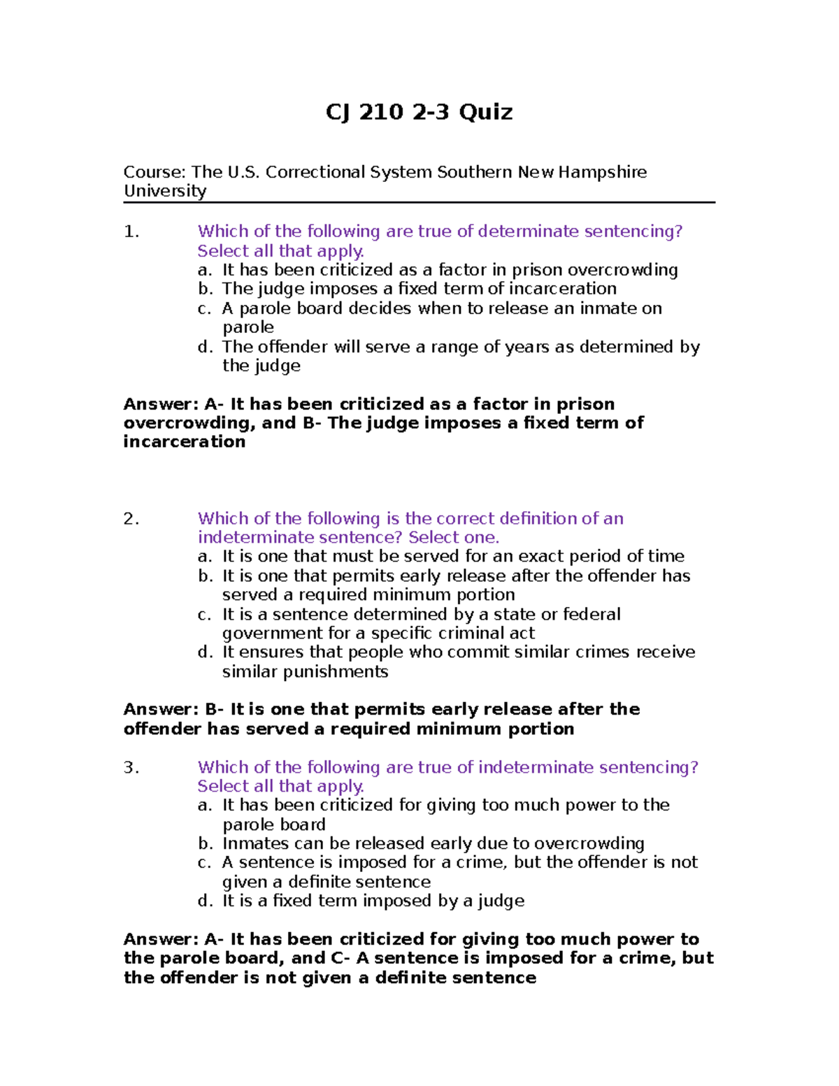 CJ 210 2-3 Quiz: Overview of the U.S. Correctional System - Studocu