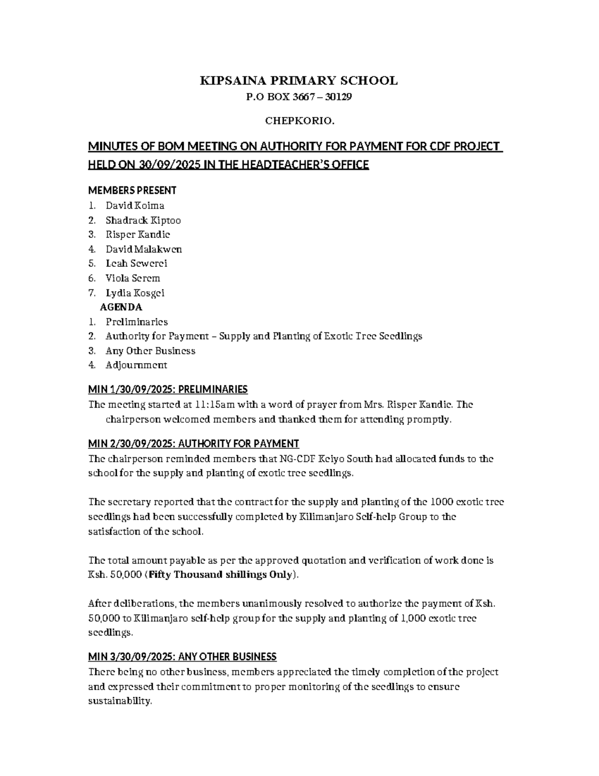 BOM Minutes: Authority for Payment - KIPSAINA PRIMARY SCHOOL - Studocu