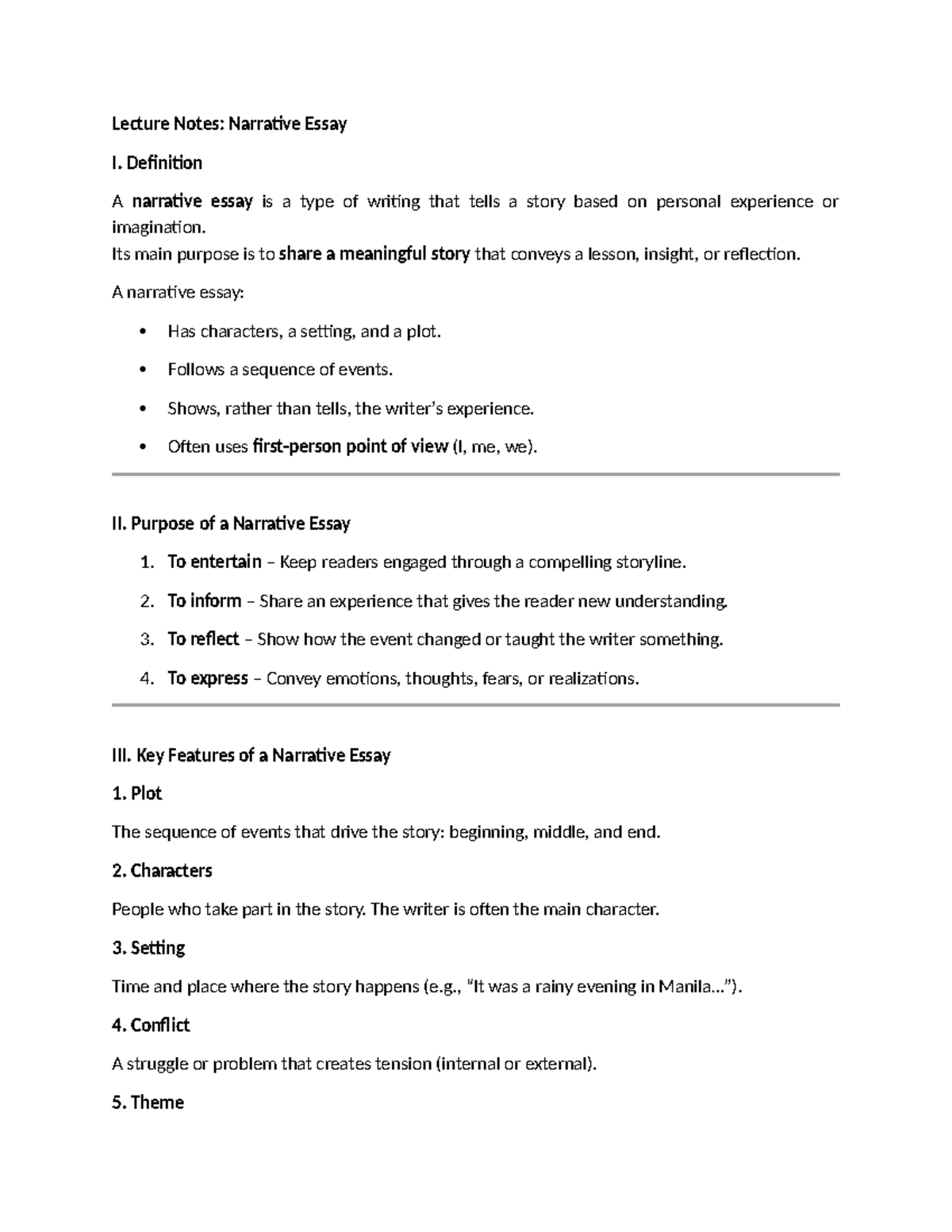 Lecture Notes: Narrative Essay Overview and Key Features - Studocu