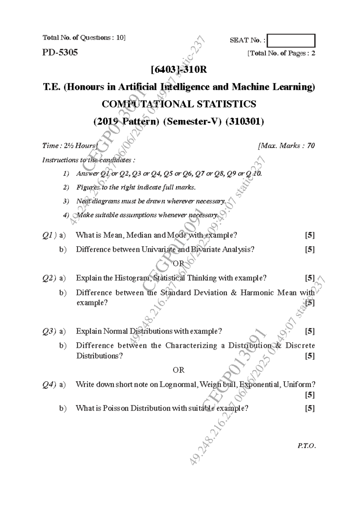 Computational Statistics Exam (310301) - May Jun 2025 PYQ - Studocu
