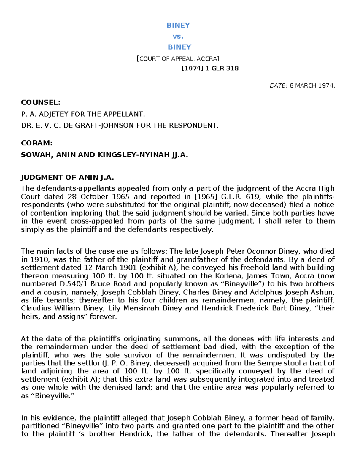 Biney v Biney - Case Study of the 1974 Court of Appeal Judgment - Studocu