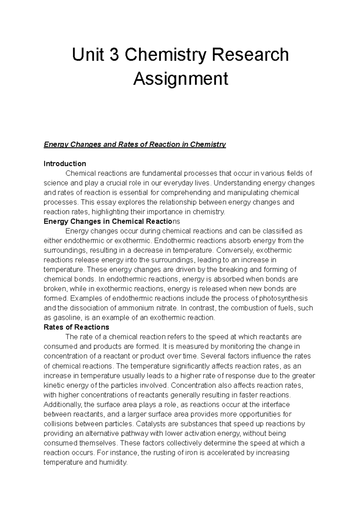 Unit 3 Chemistry Research Assignment: Energy Changes and Reaction Rates ...