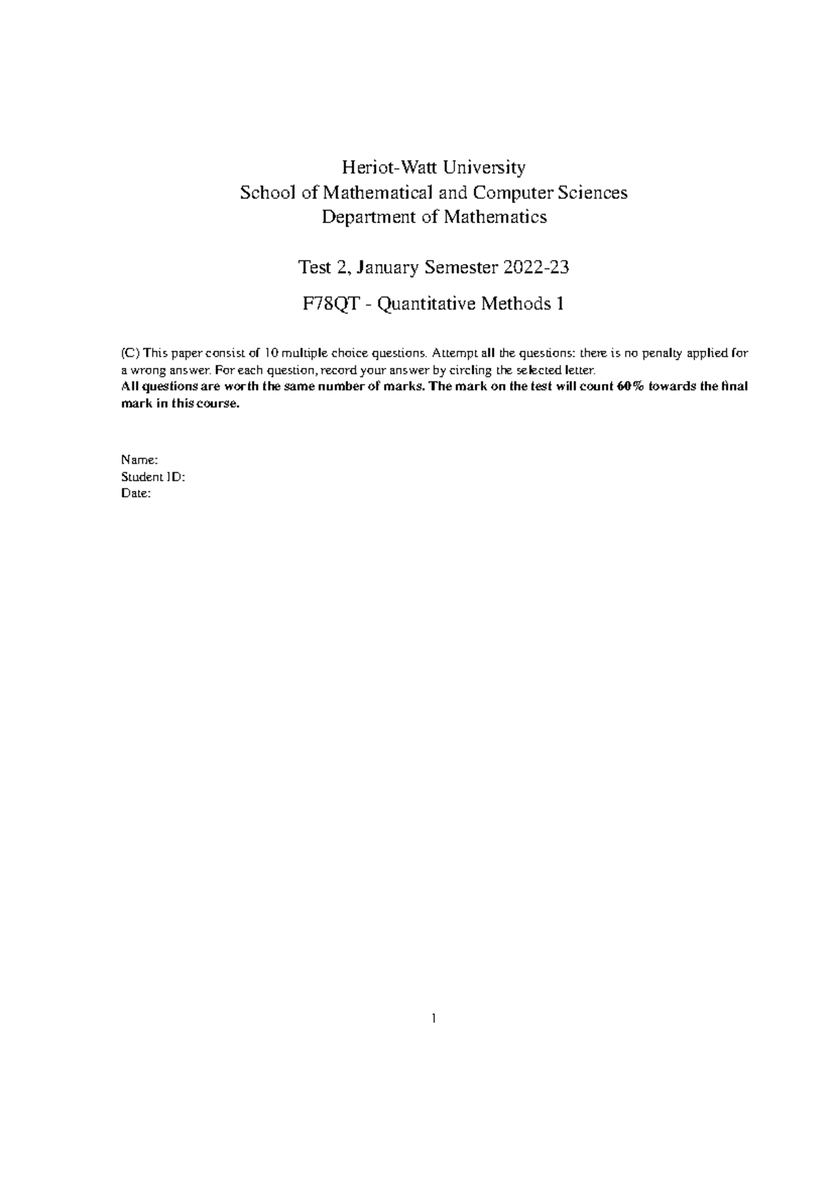 Midterm 2 F78QT - Quantitative Methods 1 January 2023 Exam - Studocu