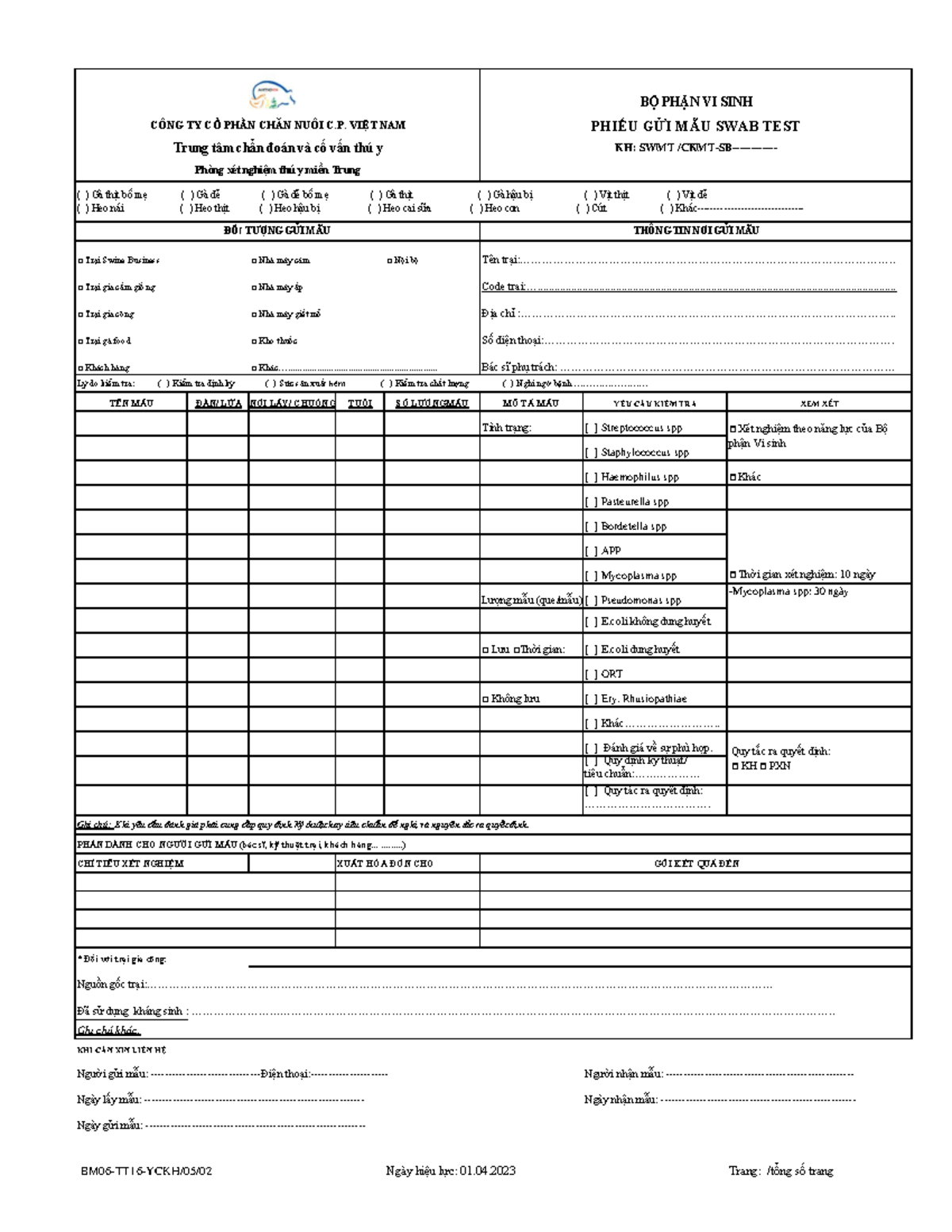 Phiếu Gửi Mẫu Swab Test - Công Ty C.P. Việt Nam - Studocu