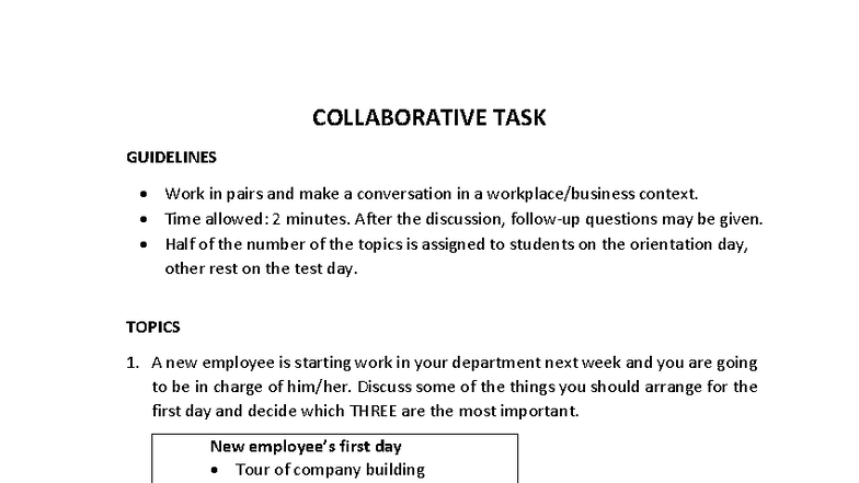 Speaking 1 - Collaborative Task Guidelines and Topics - Studocu
