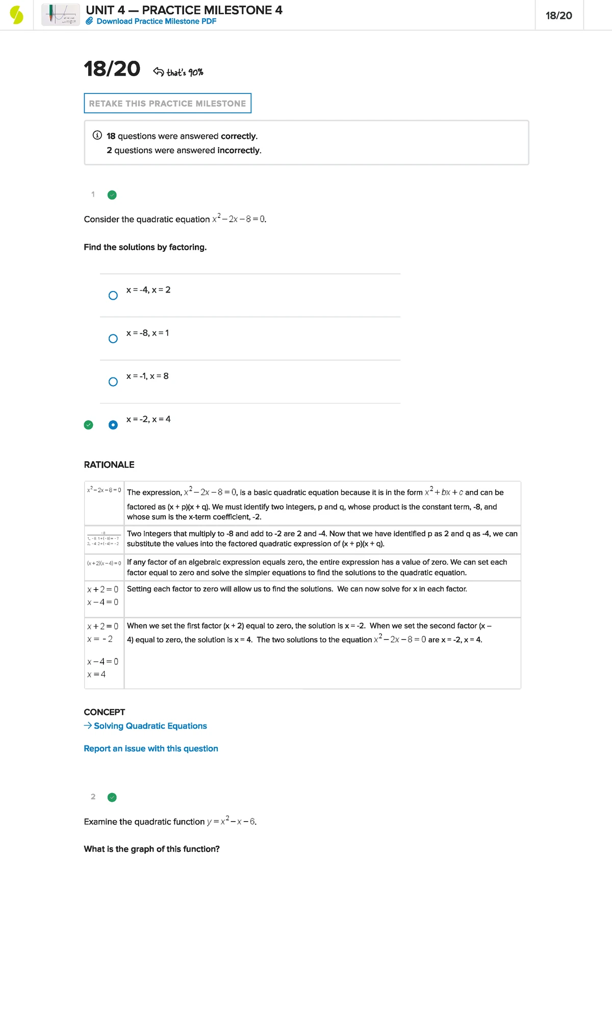 Algebra Practice Unit 2 - Milestone 2 with Solutions and Rationales ...