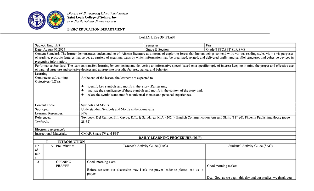 English 8 Daily Lesson Plan: Symbols and Motifs in the Ramayana - Studocu