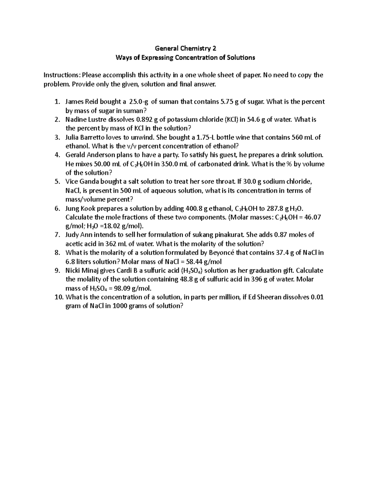 General Chemistry 2 - Activity on expressing concentration of solutions ...