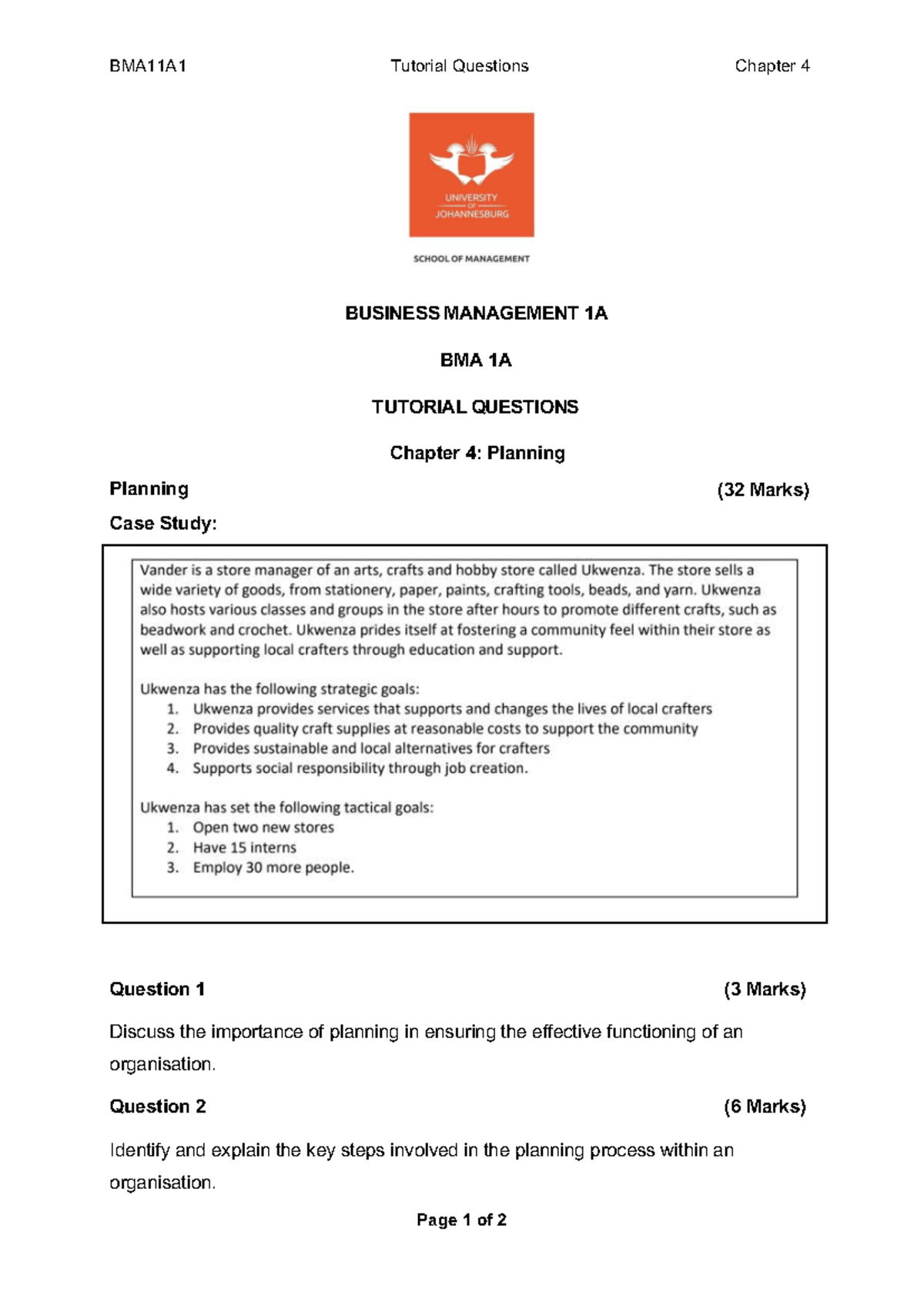 BMA11A1 Tutorial Questions Chapter 4: Planning - Studocu