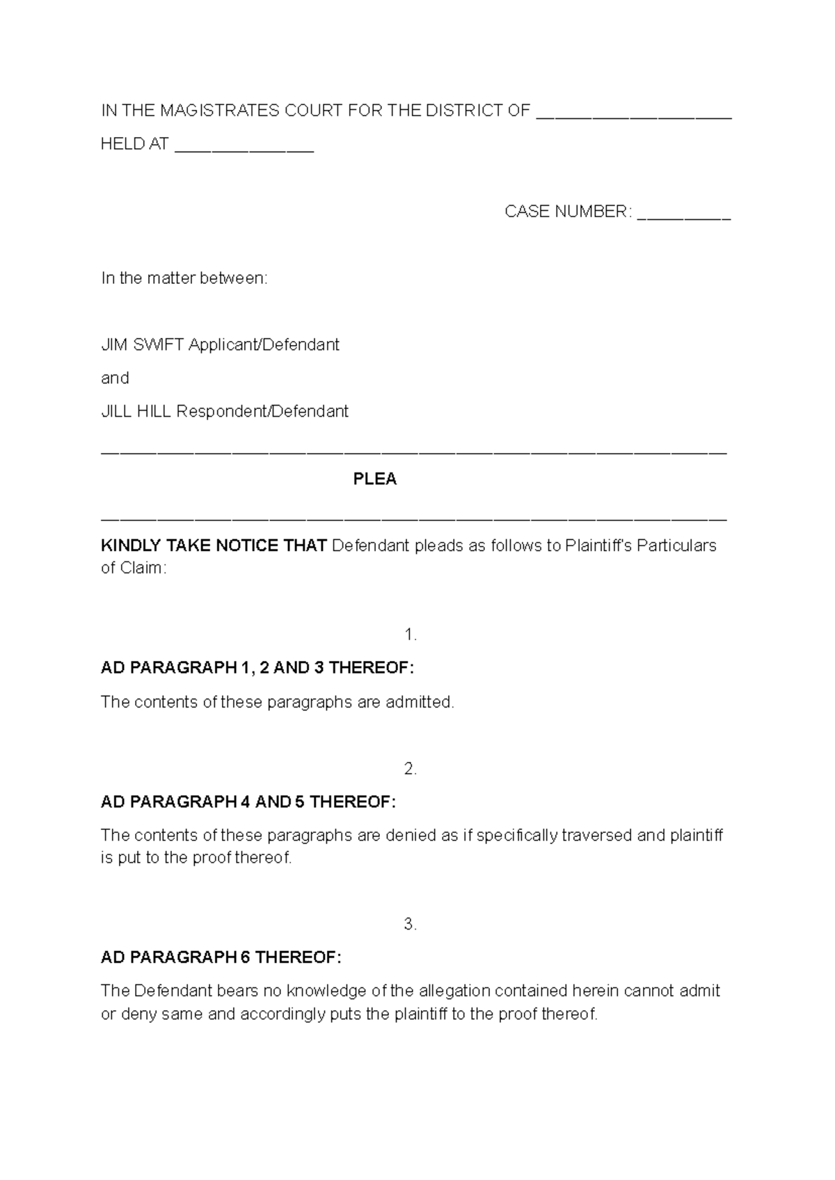 Notice of Plea & Counterclaim - Civil Litigation Case No. [Insert ...
