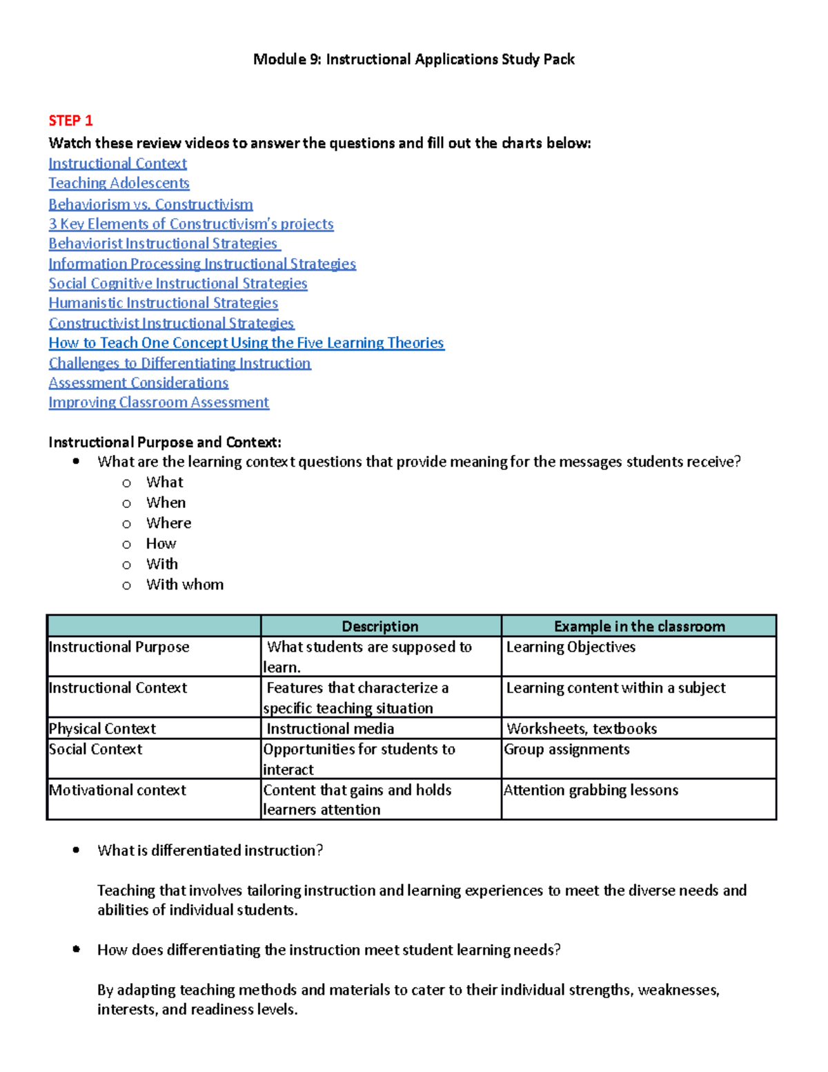 Module 9 Study Pack: Instructional Applications & Strategies - Studocu