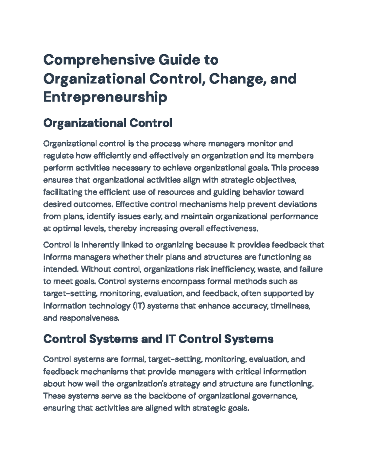 Comprehensive Overview of Org Control, Change & Entrepreneurship - Studocu