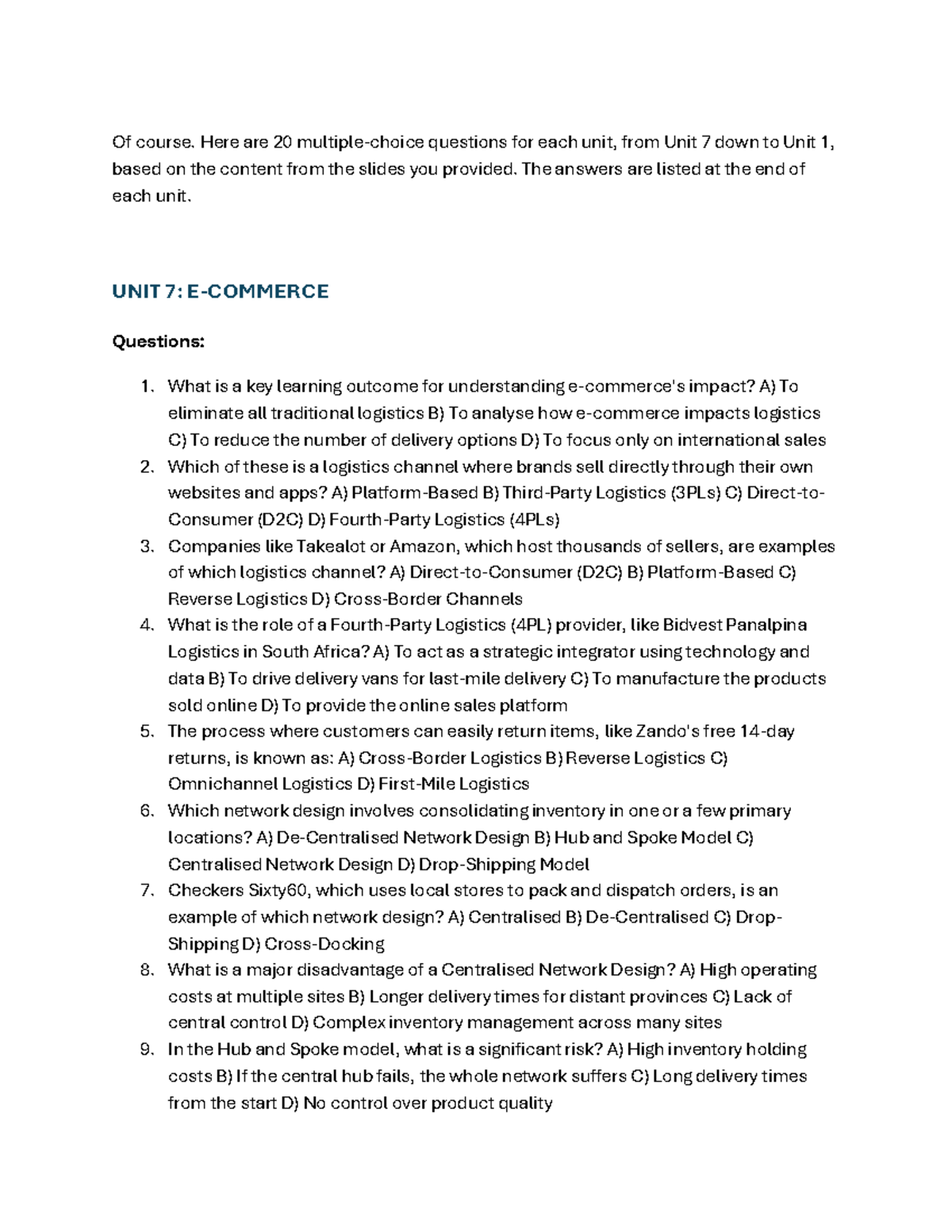 Logistics Management Practice Questions: Units 1-7 - Studocu