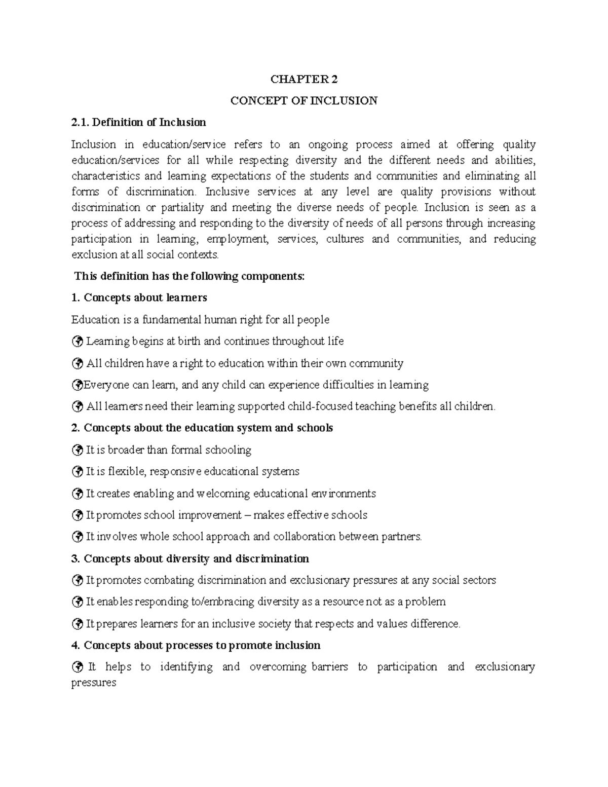 Inclusiveness - CHAPTER 2 CONCEPT OF INCLUSION Definition of Inclusion ...