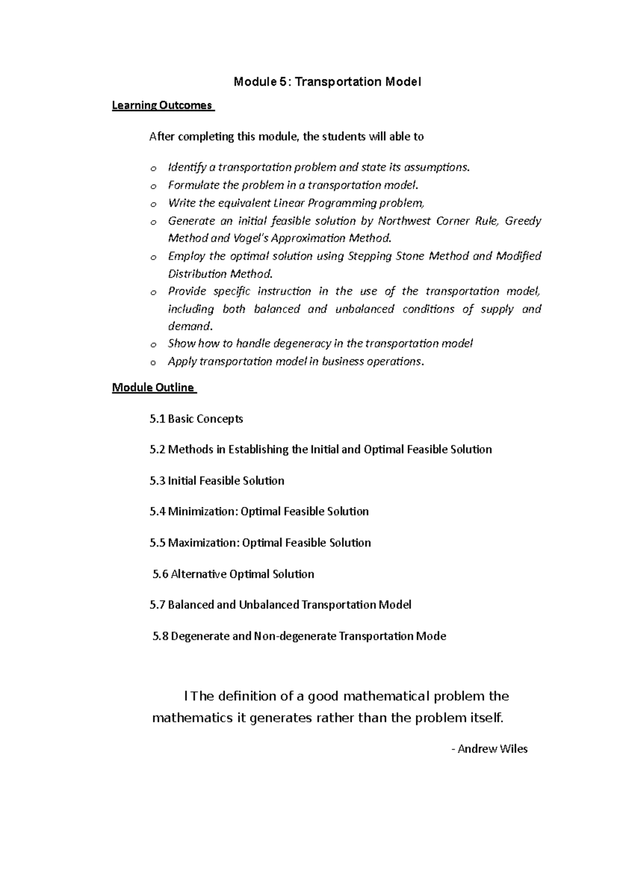 Acctg - Transportation Model: Methods & Optimal Solutions - Studocu
