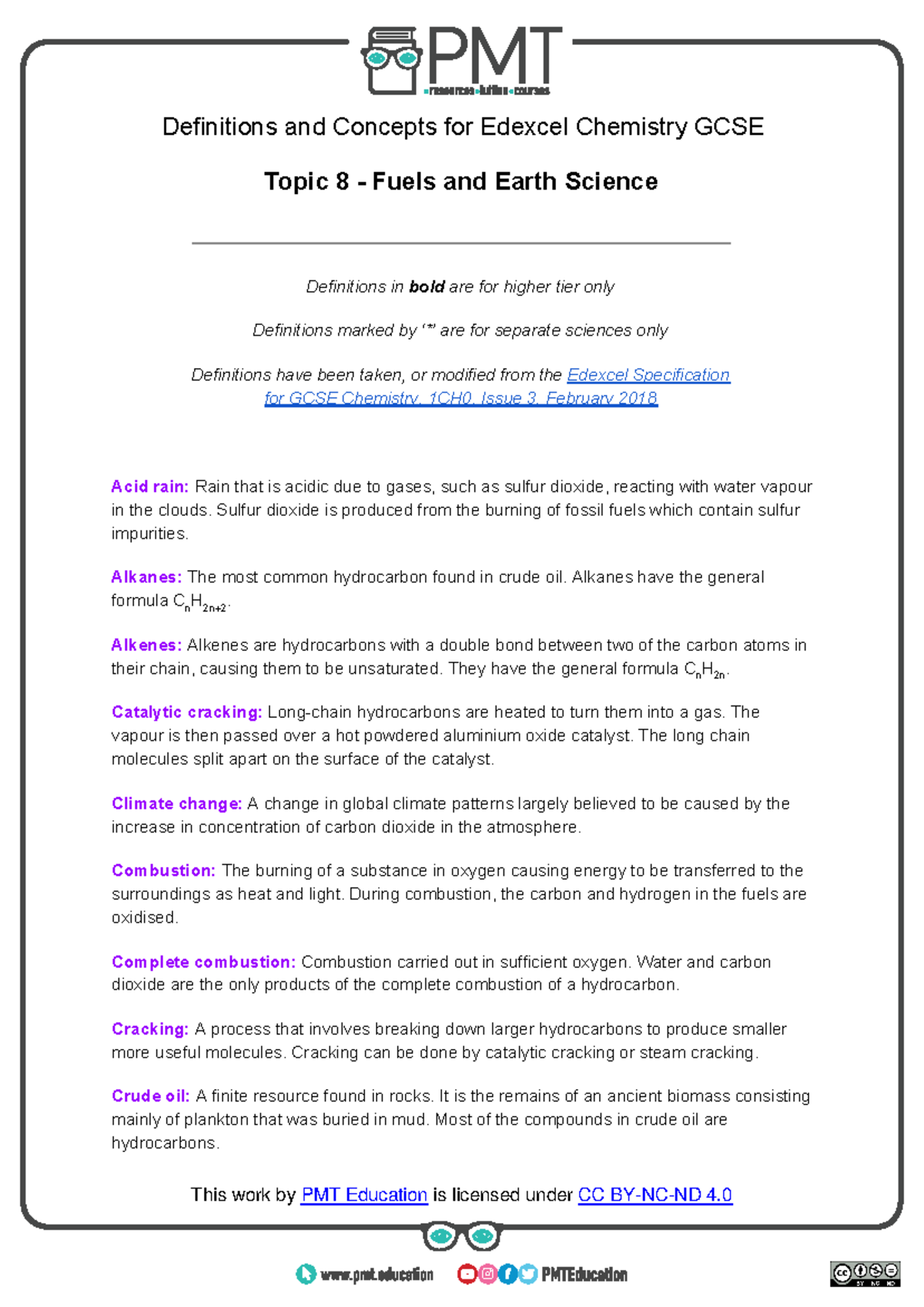 Definitions for Topic 8: Fuels & Earth Science - Edexcel Chemistry GCSE ...