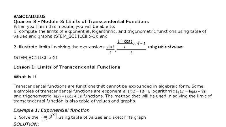 BC- Q3 Module 3: Limits of Transcendental Functions - Studocu