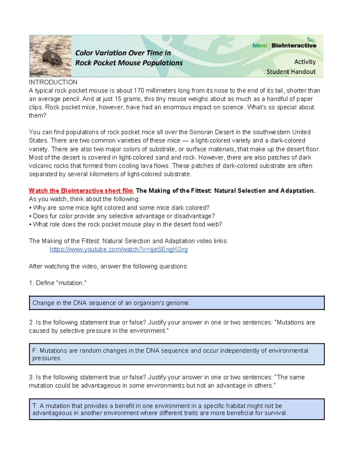 Amcmaster HHMI Video on Rock Pocket Mouse: Intro & Key Questions - Studocu