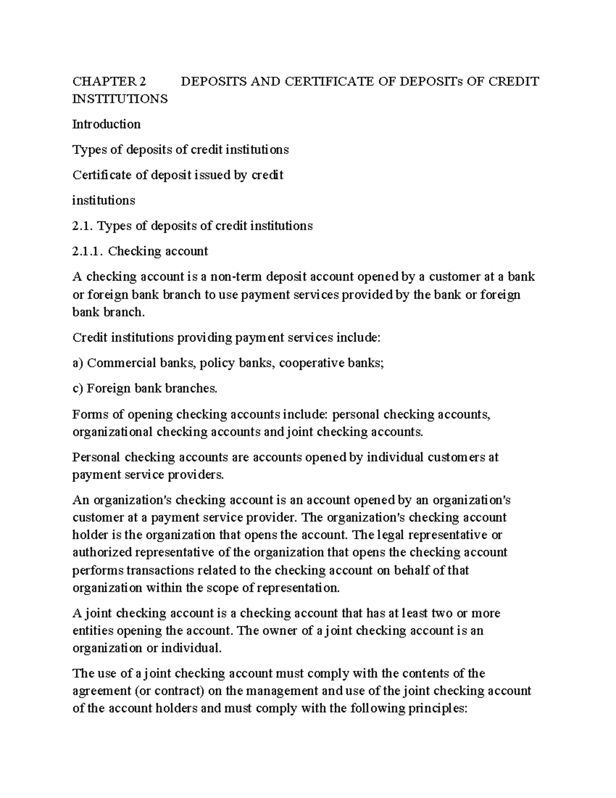 CHAPTER 2: DEPOSITS AND CERTIFICATES OF DEPOSIT IN CREDIT INSTITUTIONS ...